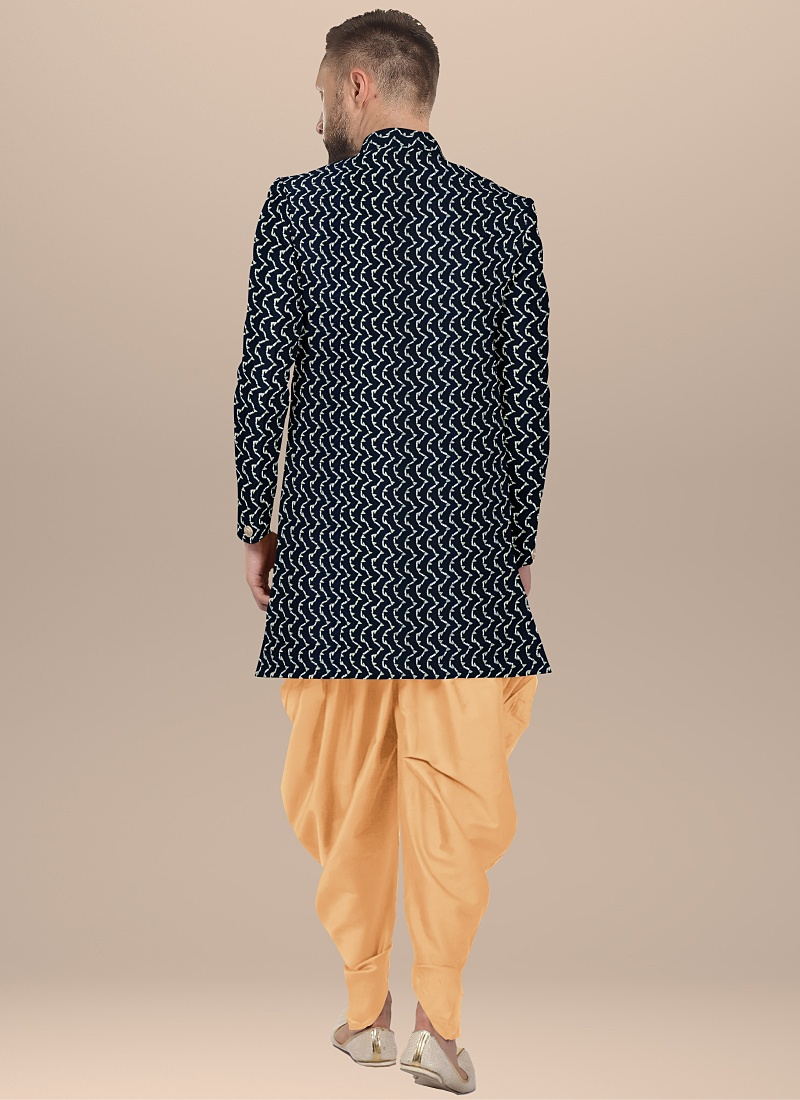 Shop Navy Blue Embroidered Velvet Sherwani N Dhoti Party Wear Online at ...