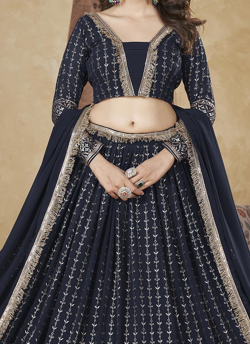 Shop Navy Blue Faux Georgette Foil Print Umbrella Lehenga Party Wear ...
