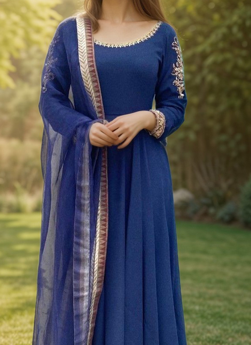 Shop Navy Blue Faux Georgette Zardosi Hand Embroidered Anarkali Suit ...