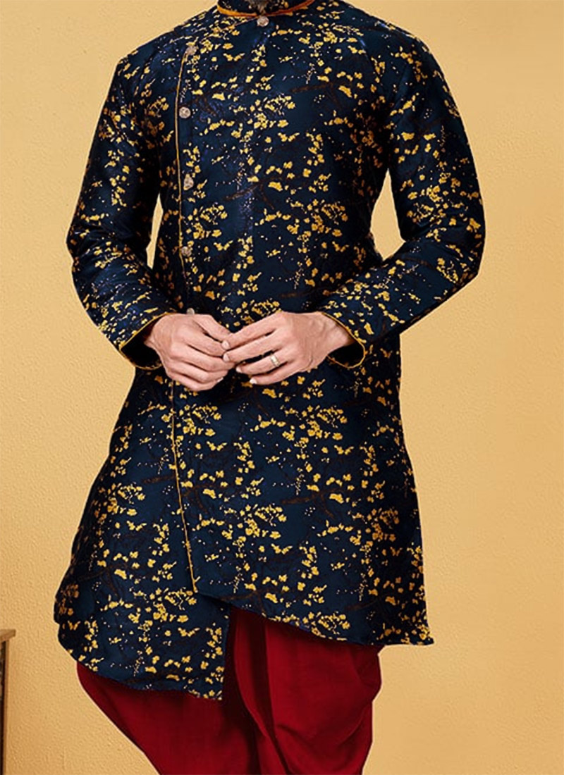 Buy Navy Blue Heavy Silk Jacquard Indowestern Sherwani Wedding Wear ...