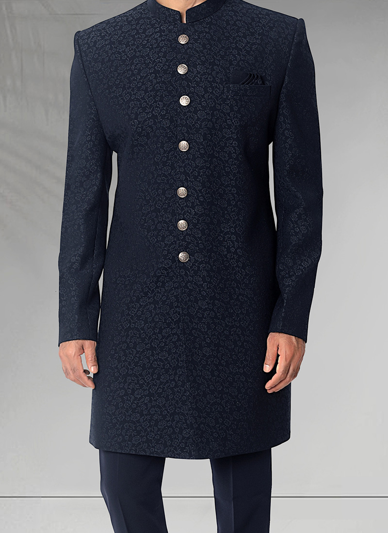 Shop Navy Blue Jacquard Silk Indowestern Sherwani Wedding Wear Online ...