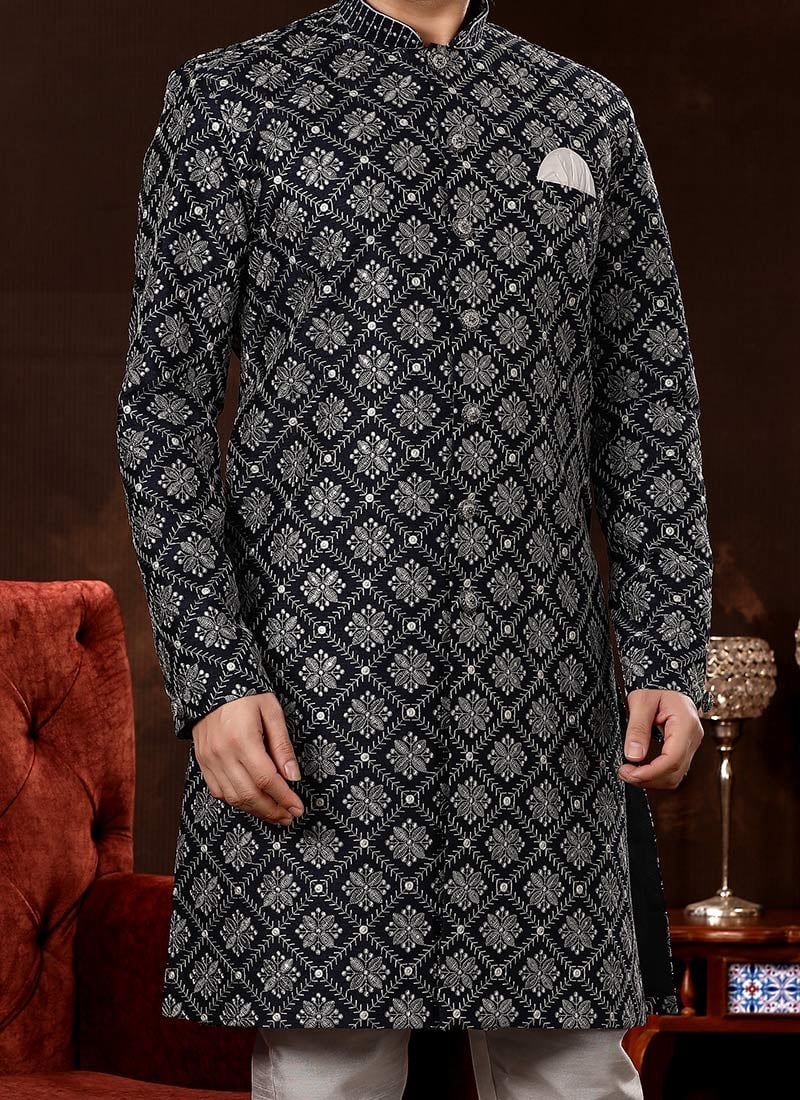 Buy Navy Blue Lucknowi Silk Embroidered Classic Sherwani Online at Best ...