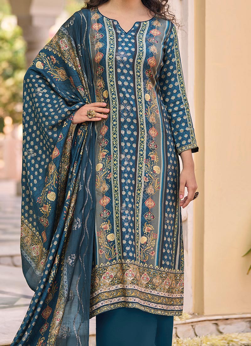 Buy Teal Blue Muslin Digital Print Palazzo suit After Six Wear Online ...