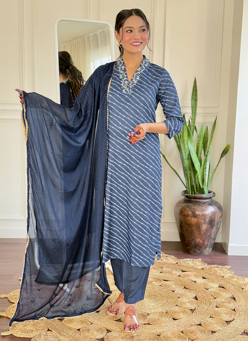 Buy Navy Blue Muslin Printed With Embroidered Straight Pant Suit After ...