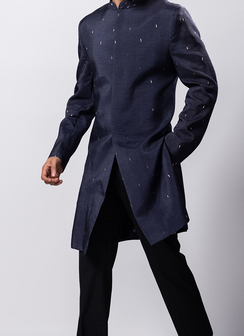 Buy Navy Blue Rayon Hand Embroidered Indowestern Sherwani Party Wear ...