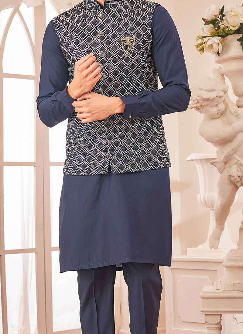 Buy Navy Blue Silk Embroidered Bandi Set Festive Wear Online at Best ...
