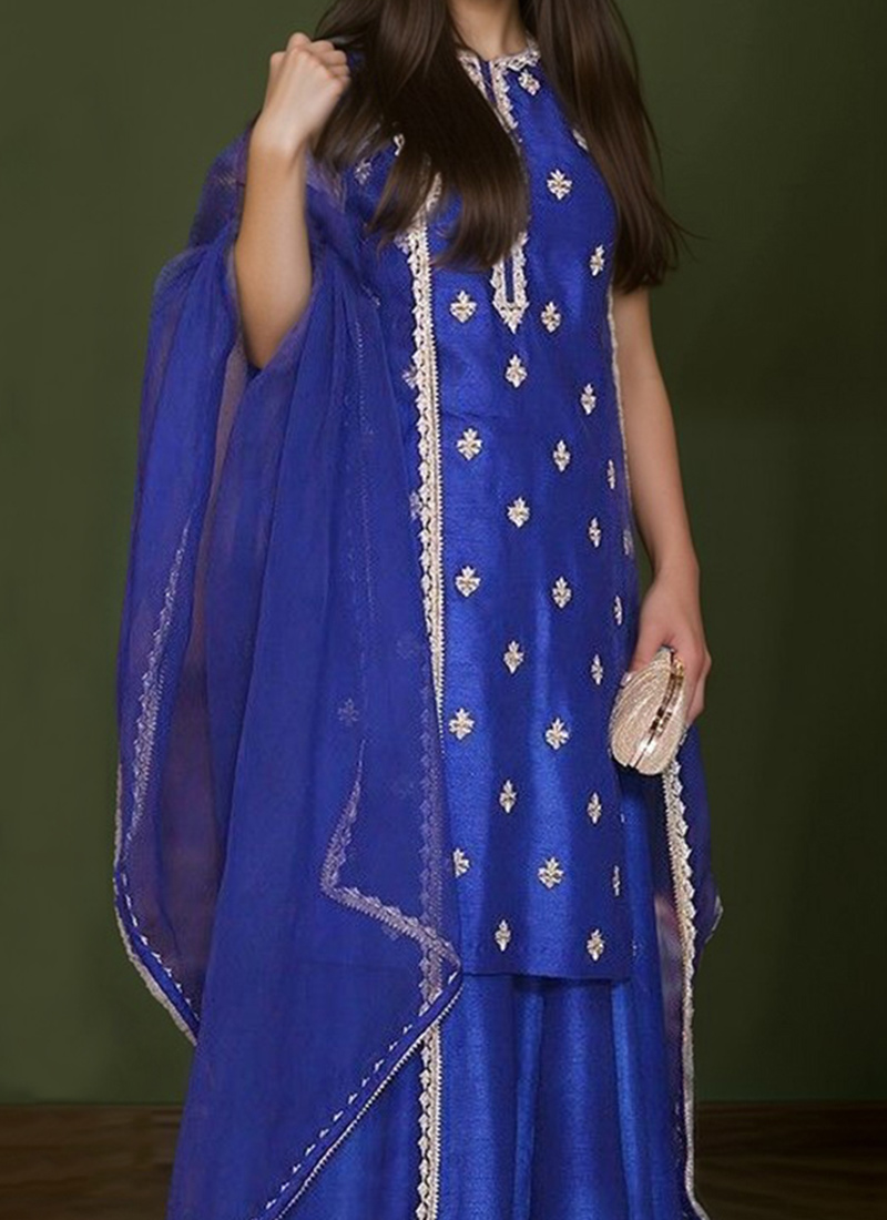 Shop Royal Blue Silk Zardosi Hand Embroidered Palazzo Suit Festive Wear ...