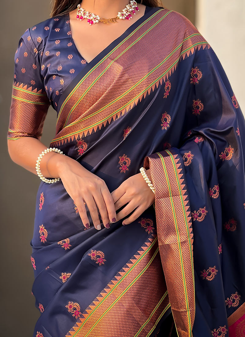 Shop Navy Blue Soft Silk Zari Woven Meenakari Print Saree Festive Wear ...