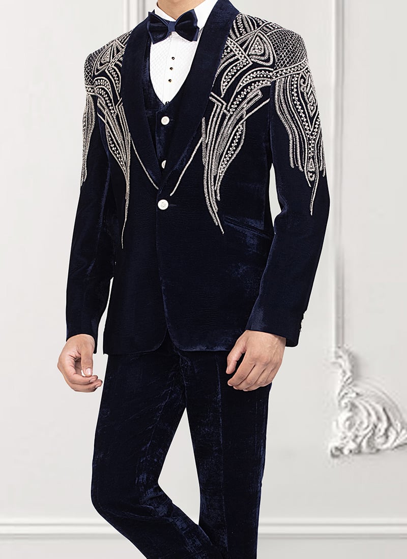 Buy Navy Blue Velvet Beads And Stone Hand Embroidered Suit Wedding Wear ...