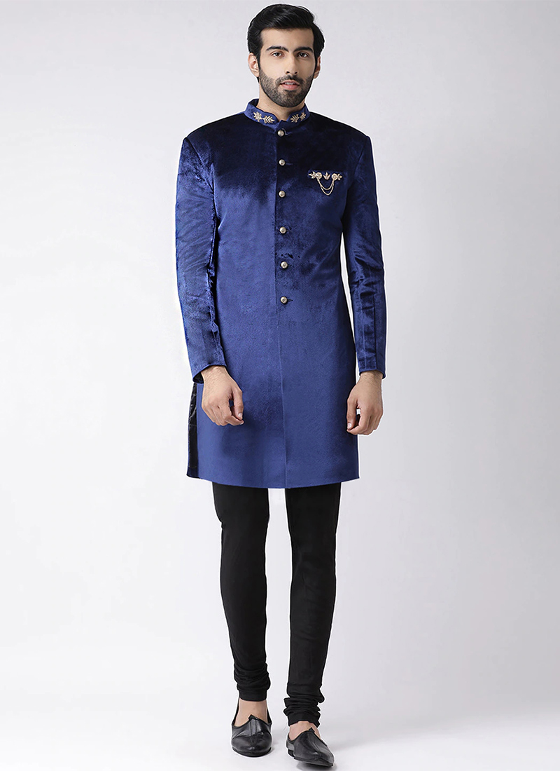 Shop Navy Blue Velvet Classic Sherwani Wedding Wear in UK - Cbazaar