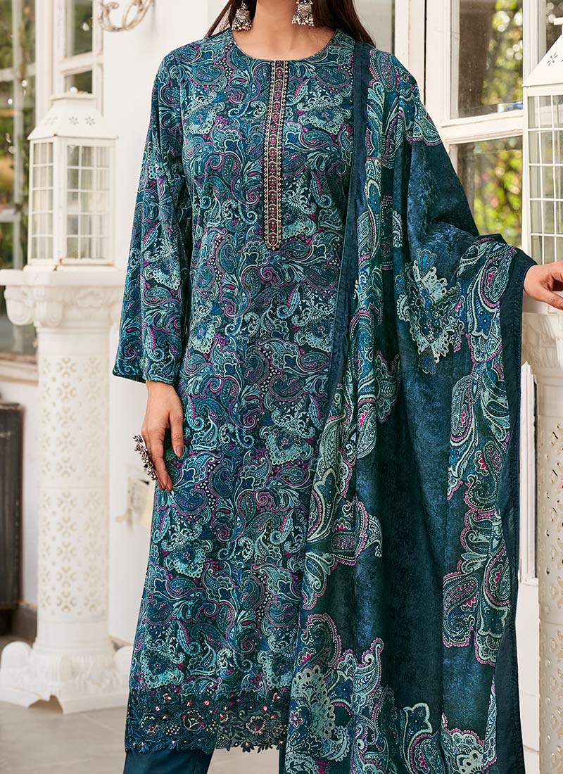 Buy Navy Blue Velvet Digital Print Straight Pant Suit After Six Wear ...