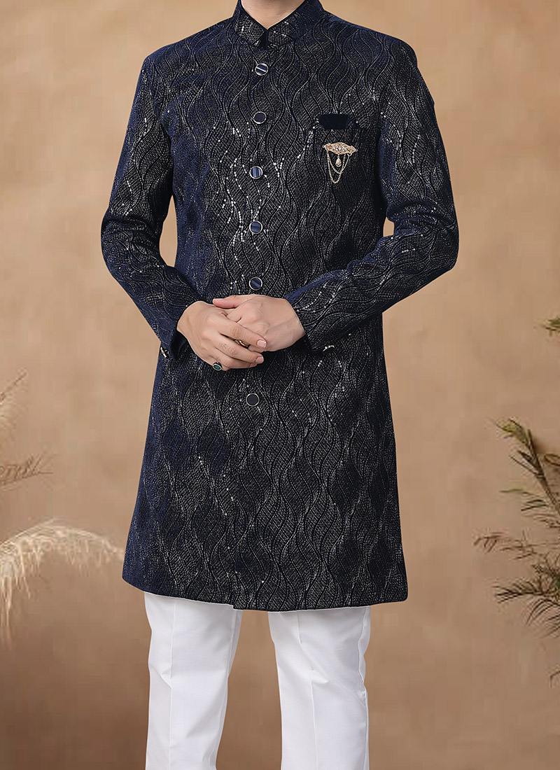 Shop Navy Blue Velvet Embroidered And Sequins Thread Classic Sherwani ...