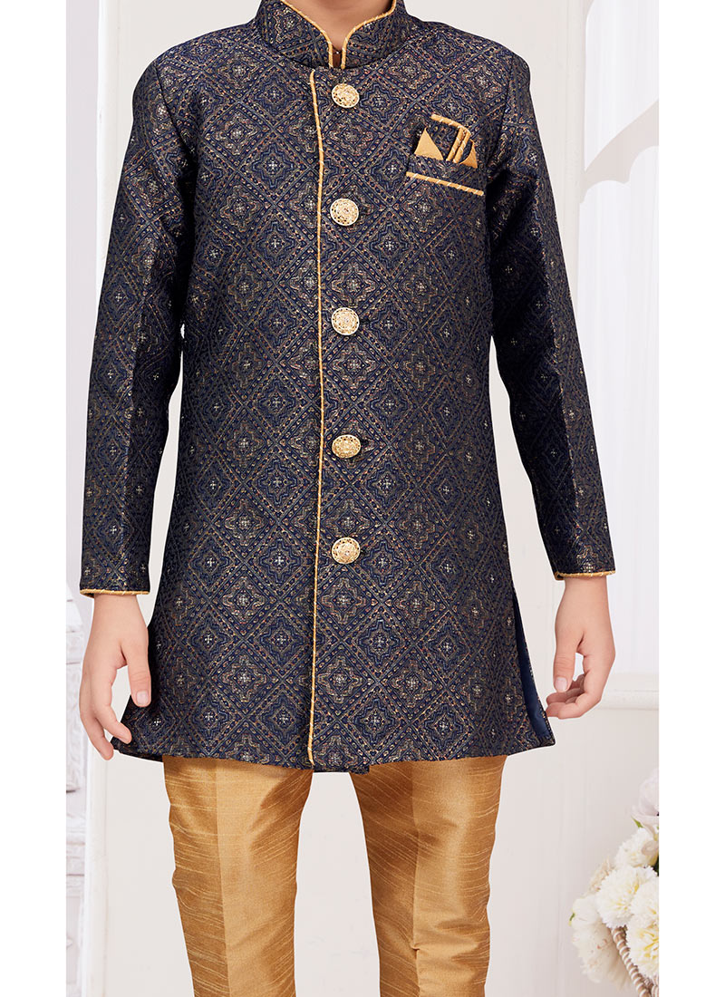 Buy Navy Blue Zari Thread Jacquard Kids Boys Indowestern Sherwani ...