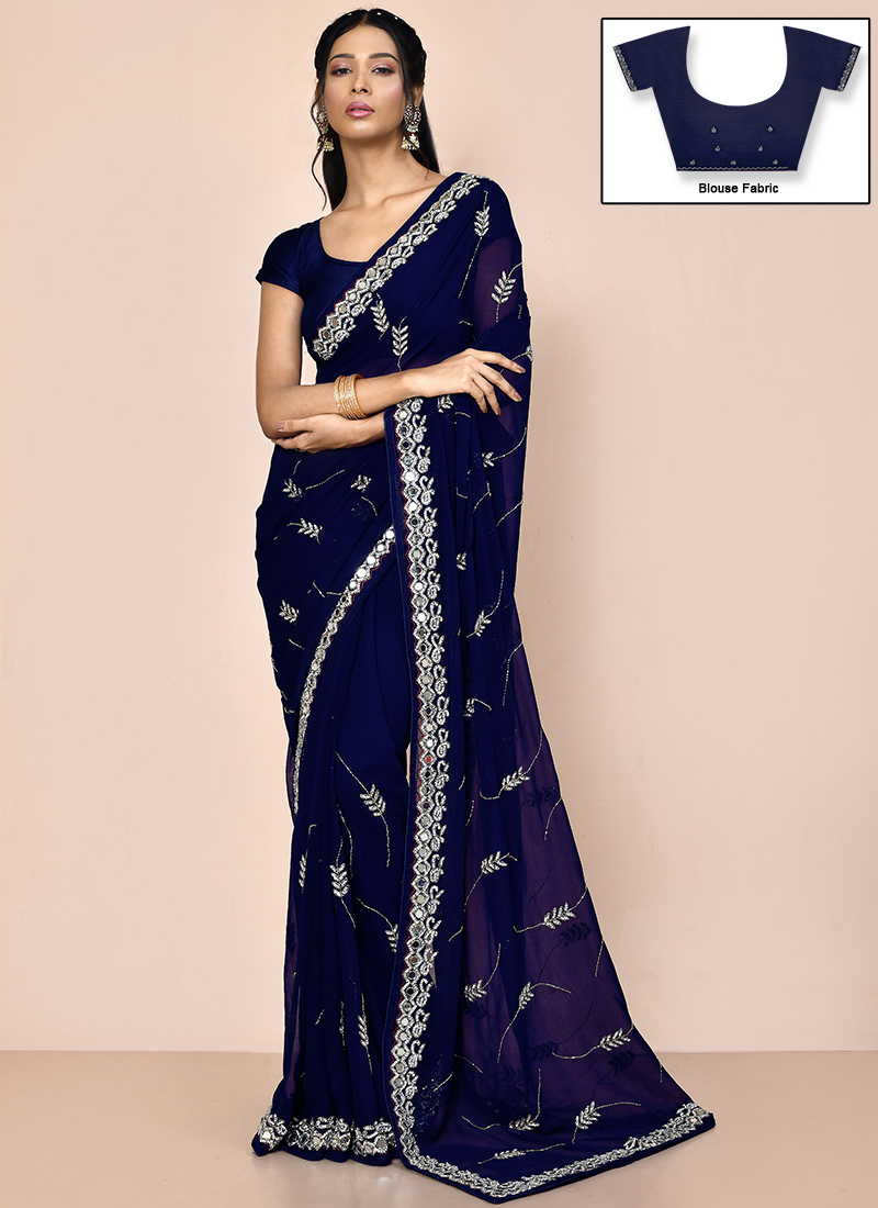 Shop Navy Faux Georgette Hand Work Sari Party Wear Online at Best Price ...
