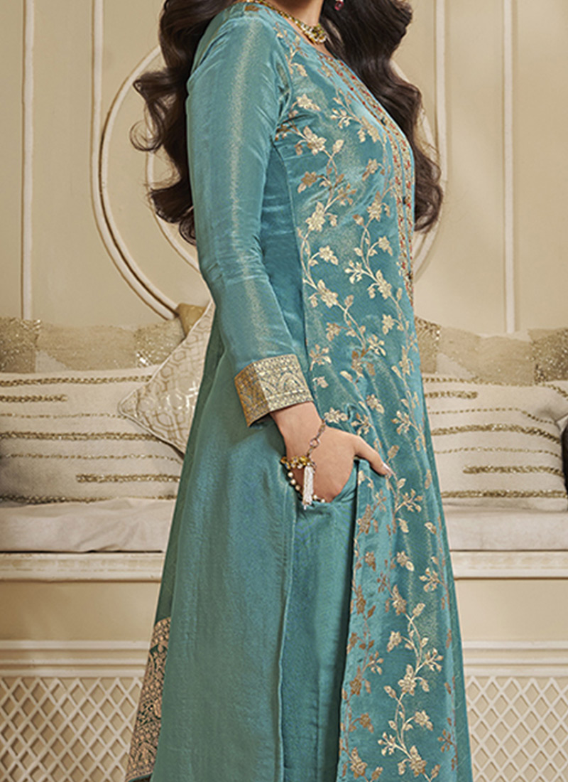 Buy Nidhi Shah In Turquoise Tissue Jacquard Straight Pant Pakistani ...