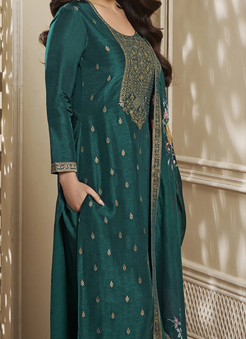 Shop Nidhi Shah Pakistani Style Dark Teal Jacquard Dola Silk Straight ...