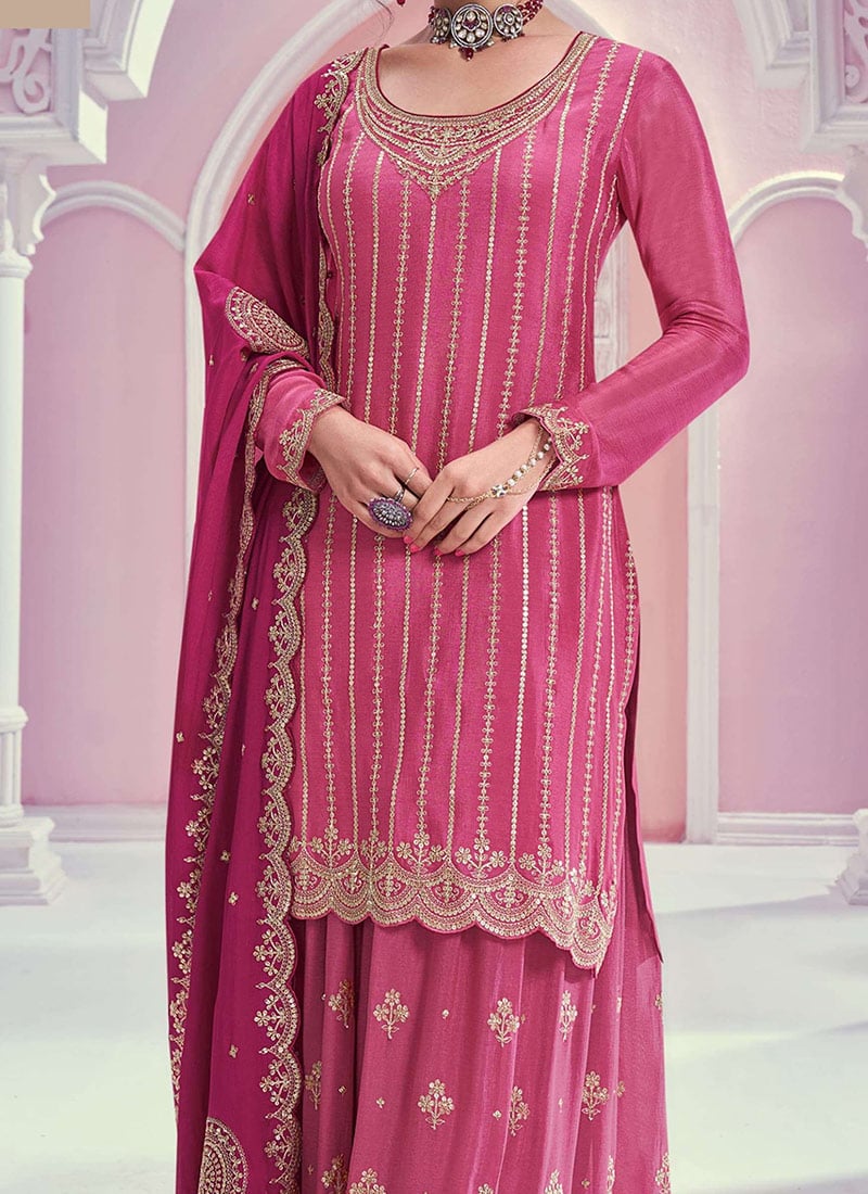 Shop Nidhi Shah Pink Chinon Zari Embroidered Sequins Sharara Suit ...