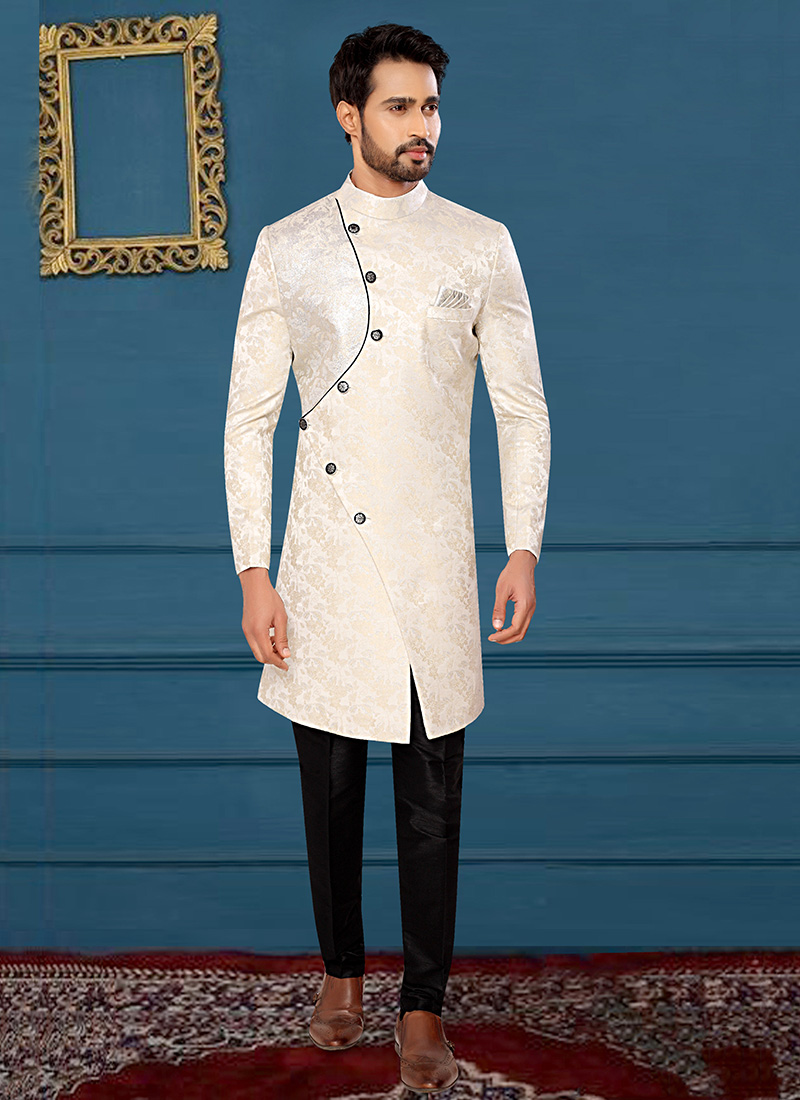 Buy Off White Art Silk Brocade Indowestern Sherwani Party Wear Online at Best Price | Cbazaar