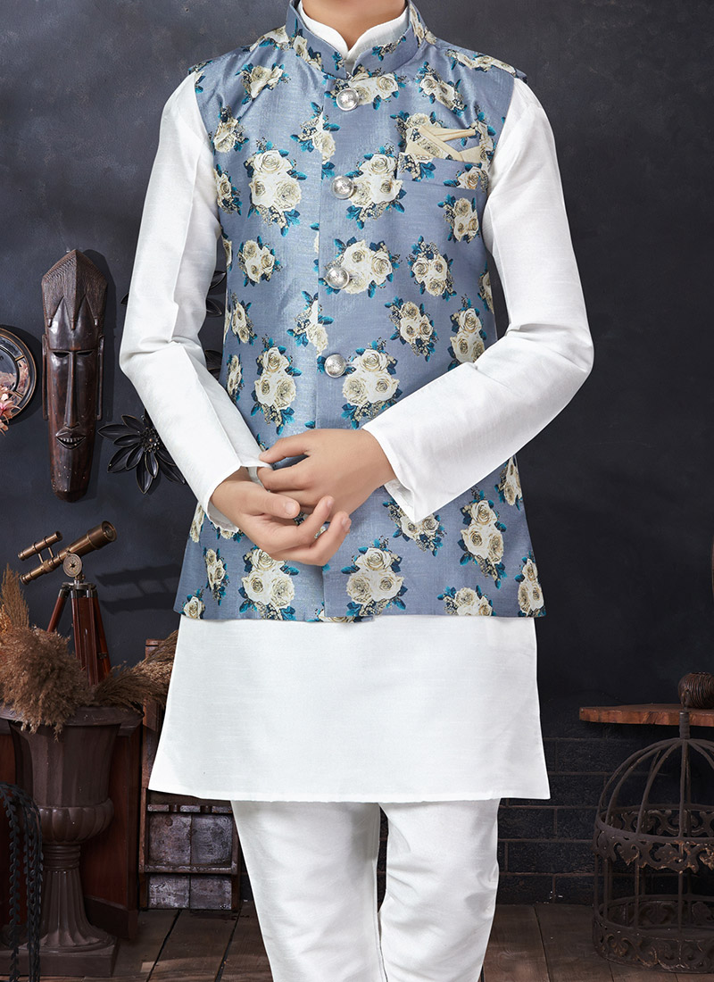 Shop Off White Art Silk Dupion Kids Boys Bandi Set Party Wear Online at ...