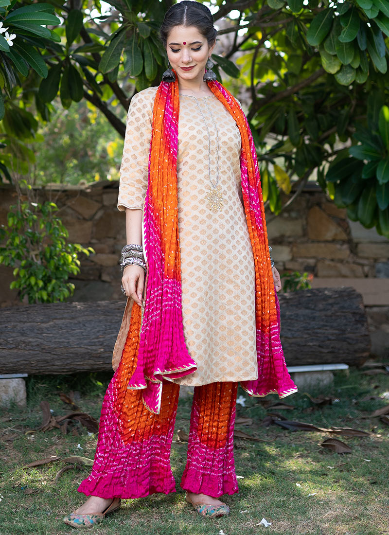 Buy Off White Banarasi Jacquard Palazzo Suit Festive Wear Online at ...