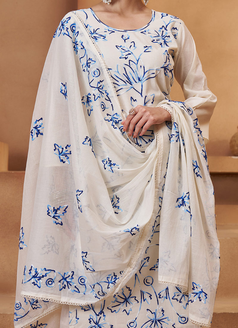 Shop Off White Blended Cotton Thread Embroidered Work Straight Pant ...