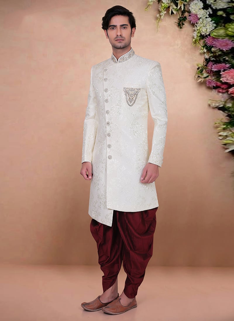 Buy Off White Brocade Silk Embroidered Achkan Sherwani Online at Best ...