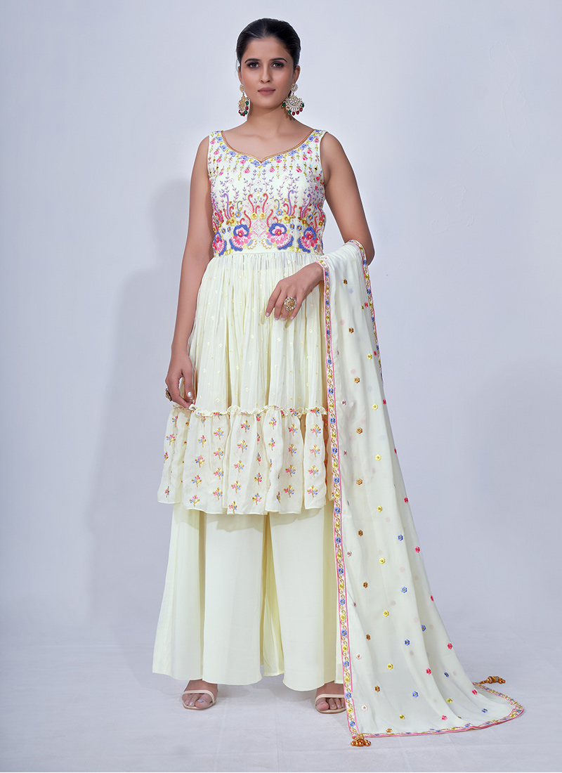 Shop Off White Chiffon Mirror Embroidery Palazzo Suit Party Wear in UK ...