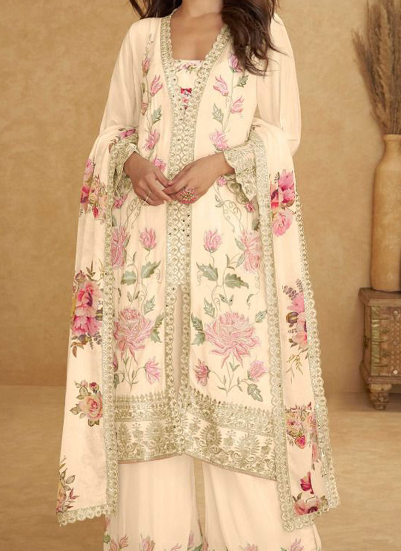 Buy Off White Digital Print Embroidered Sequins With Stone Work Palazzo ...