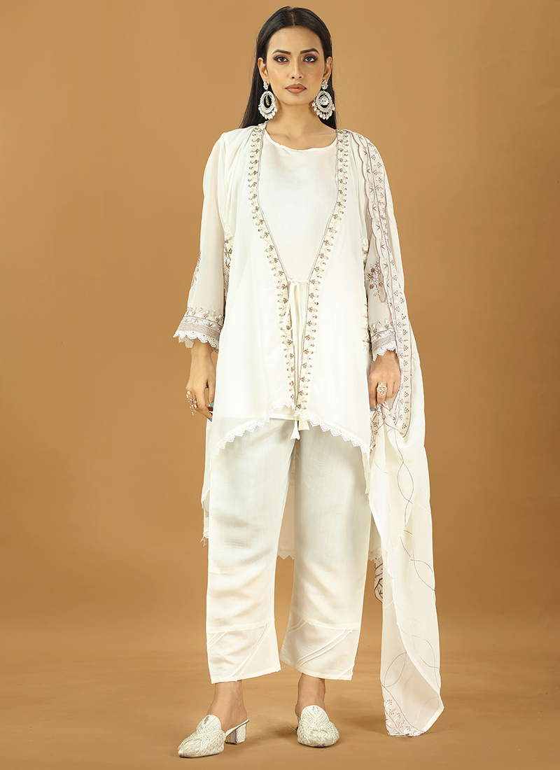 Shop Off White Faux Georgette Beads Work Embroidered Jacket Straight ...