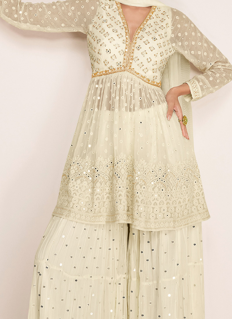 Shop Off White Faux Georgette Embroidered With Beads Palazzo suit Party ...