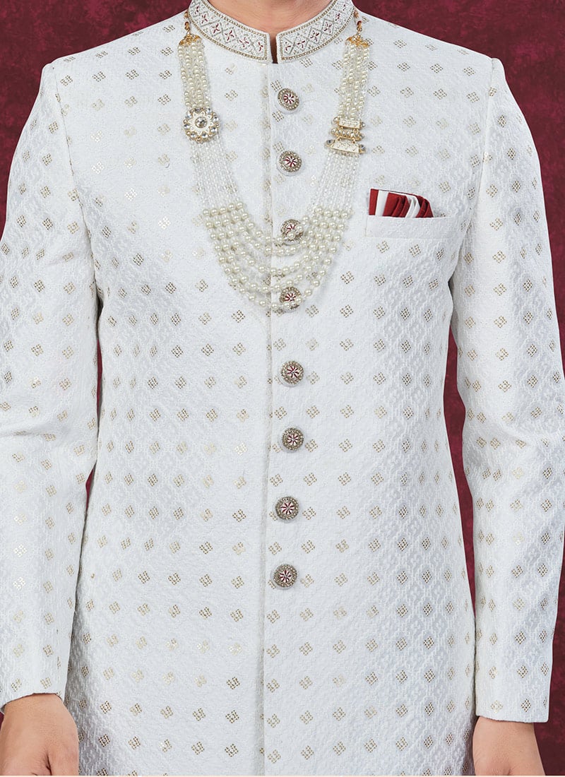 Buy Off White Imported Silk Embroidered Sequins Indowestern Sherwani Wedding Wear Online at Best ...
