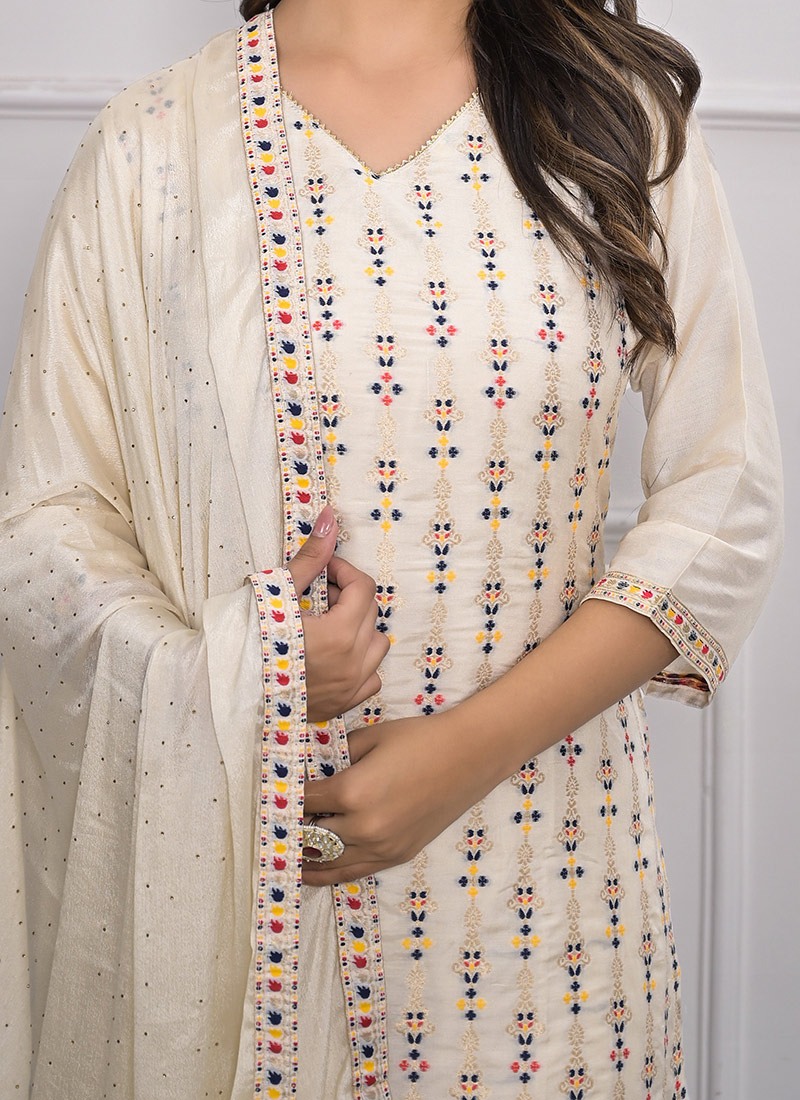 Buy Off White Jacquard Silk Embroidered Straight Pant Suit Festive Wear ...