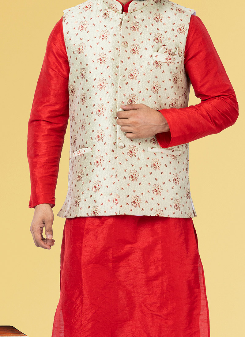 Buy Off White Jacquard Silk Pattern Nehru jacket Online at Best Price ...