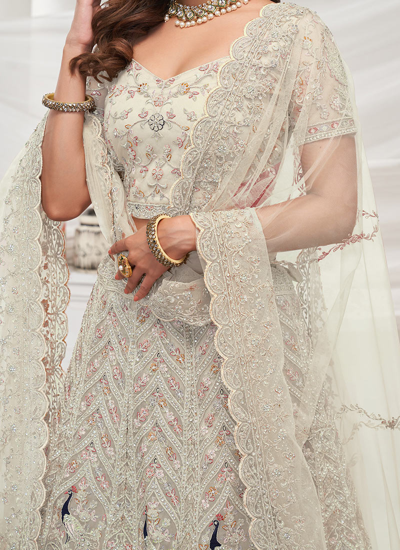 Shop Off White Net Traditional A Line Lehenga With Embroidery And ...