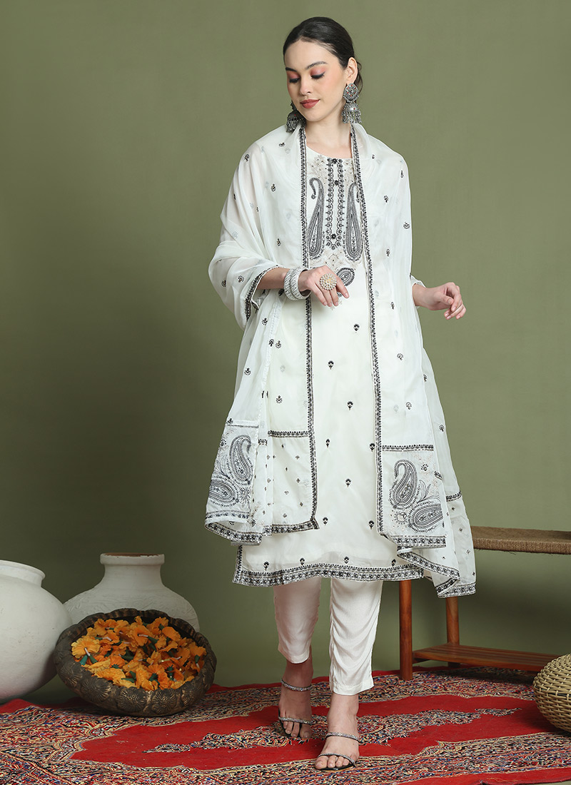 Shop Off White Organza Lucknowi Work With Zari Sequins Straight Pant ...