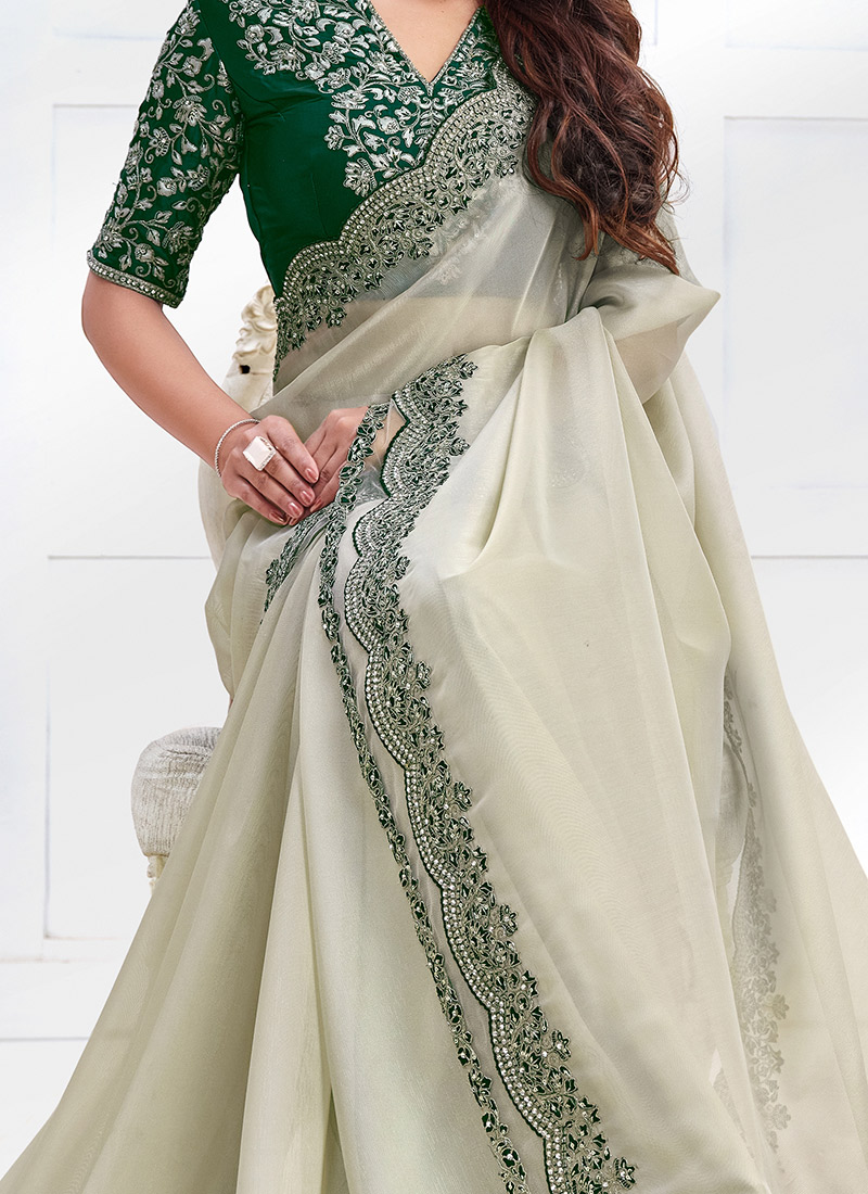 Buy Off White Organza Sequins And Embroidered Cord work Saree Wedding ...