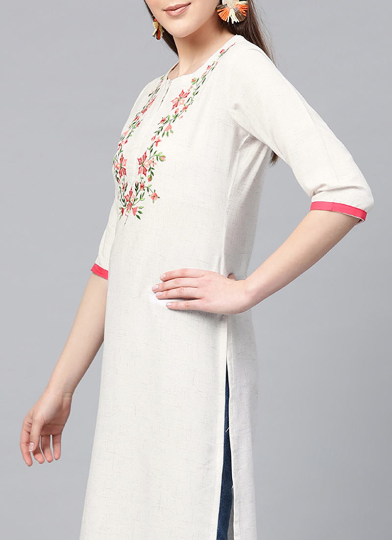 Buy Off White Rayon Knee Length Kurti Work Wear Online at Best Price ...