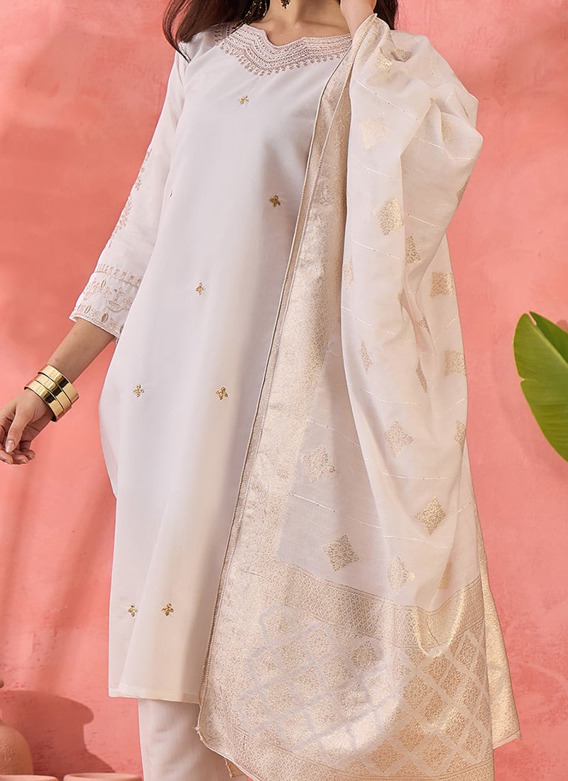 Shop Off White Roman Silk Embroidered Straight Pant Suit With Jacquard ...