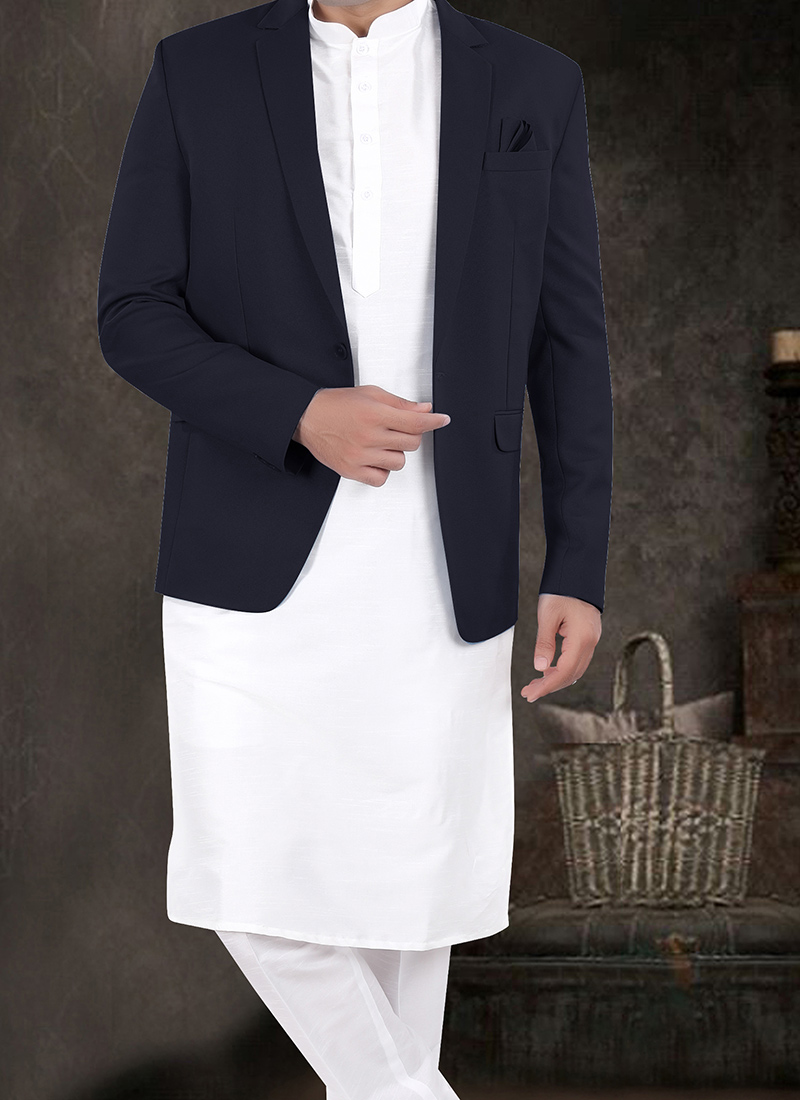 Shop Off White Silk Bandi Set With Navy Blue Blazer Festive Wear Online ...