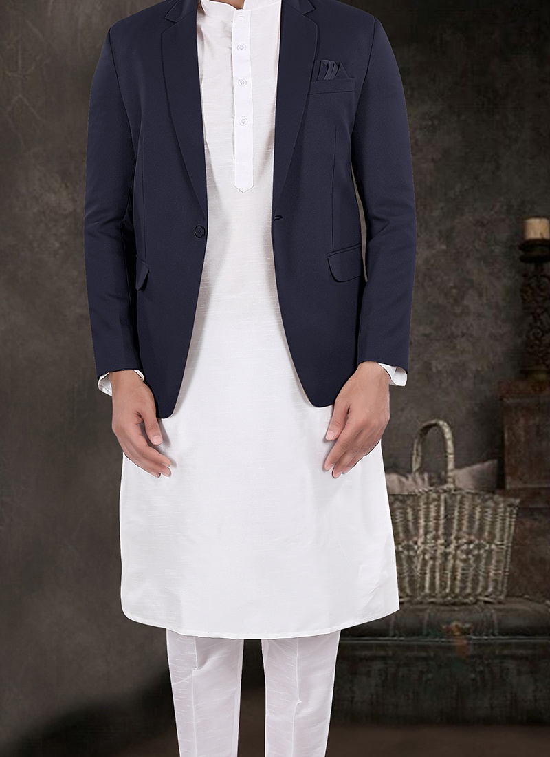 Shop Off White Silk Bandi Set With Navy Blue Blazer Festive Wear Online ...