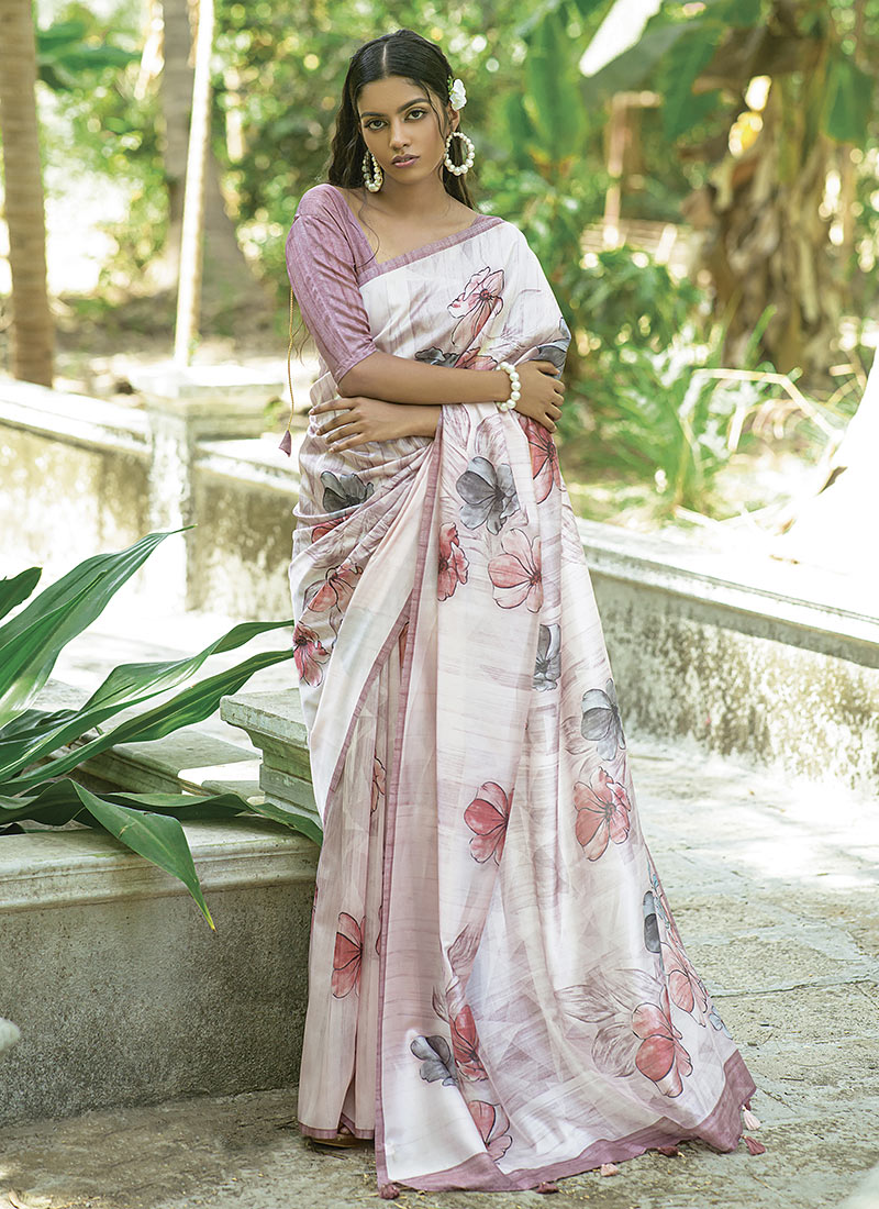 Shop Off White Silk Digital Print Saree After Six Wear Online at Best ...