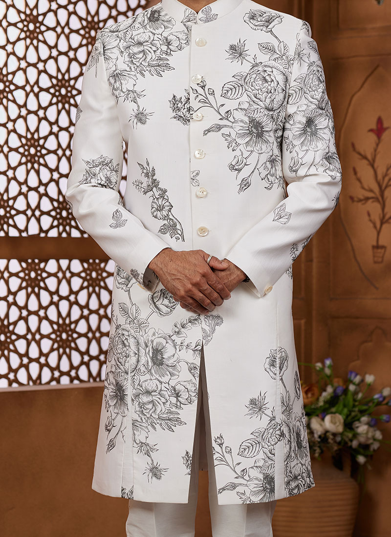 Buy Off White Silk Floral Print Indowestern Sherwani Wedding Wear Online at Best Price | Cbazaar