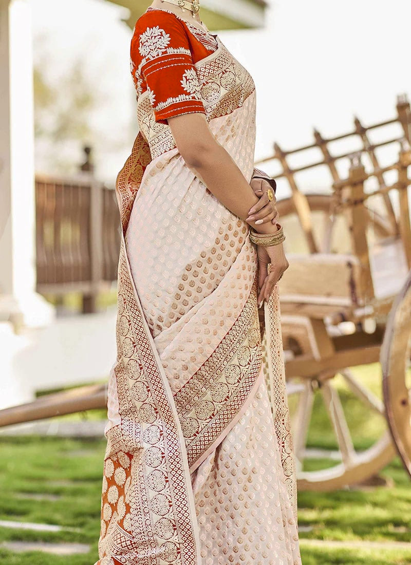 Buy Off White Silk Jacquard Woven Traditional Saree Festive Wear Online ...