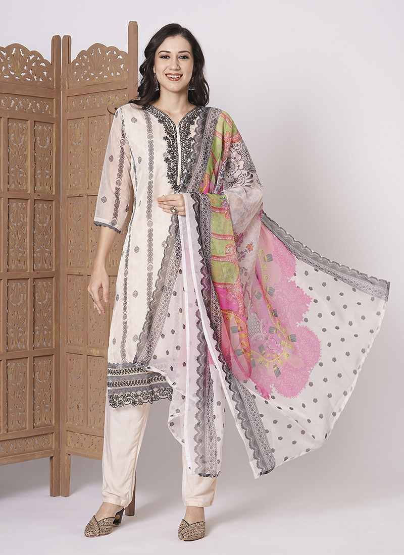 Buy Off White Taby Silk Embroidered Straight Pant Suit With Printed ...