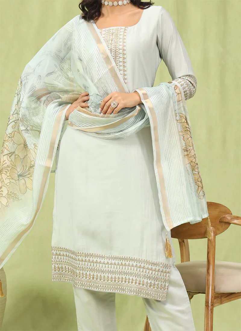 Buy Off White Viscose Roman Silk Embroidered Straight Pant Suit After ...