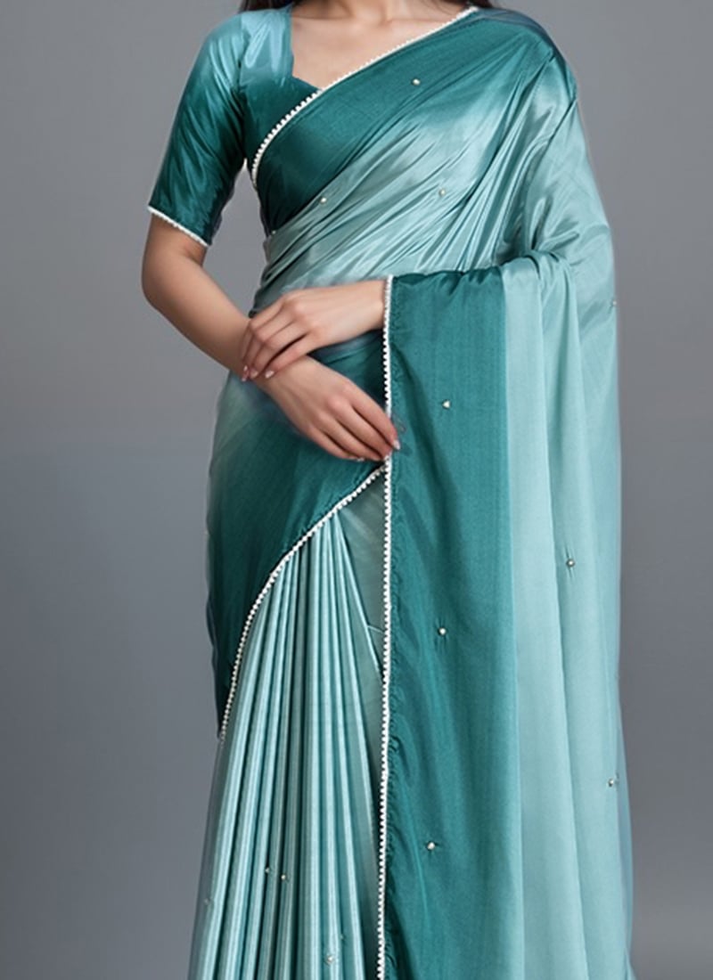 Shop Ombre Blue Crepe Satin Beads And Moti Work Saree After Six Wear ...