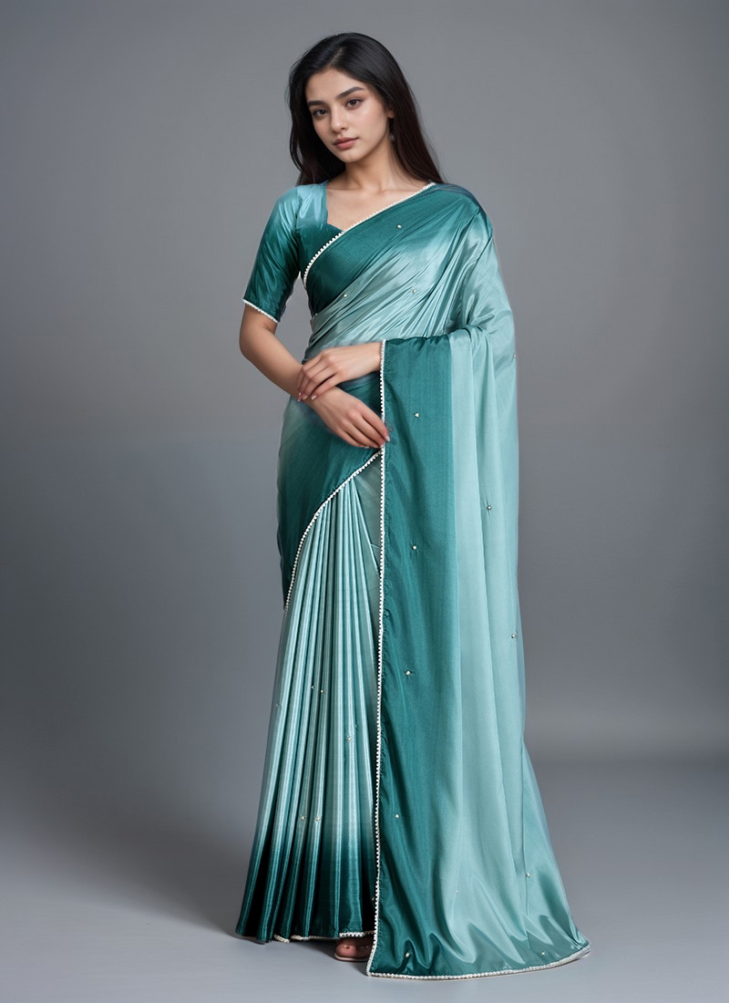 Shop Ombre Blue Crepe Satin Beads And Moti Work Saree After Six Wear ...
