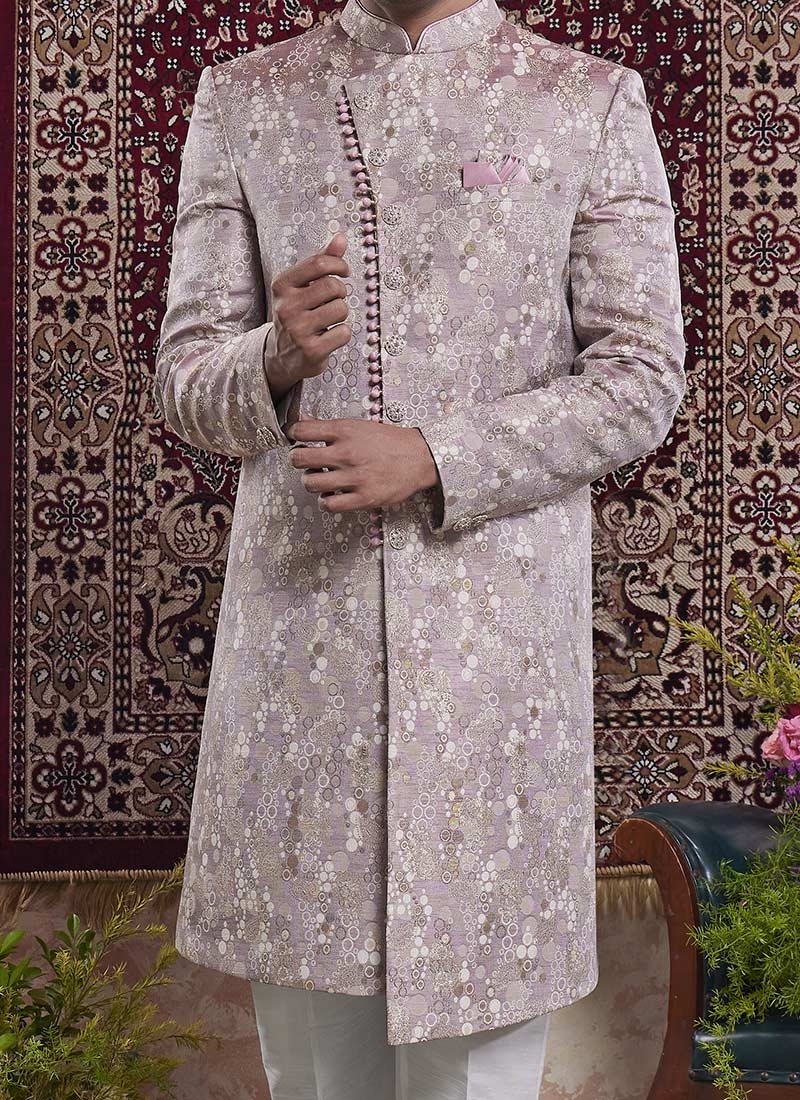 Shop Onion Pink Banarasi Jacquard Indowestern Sherwani Wedding Wear in ...