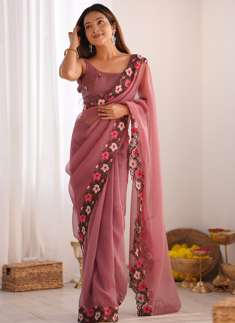 Shop Onion Pink Crush Thread Embroidered Saree After Six Wear Online at ...