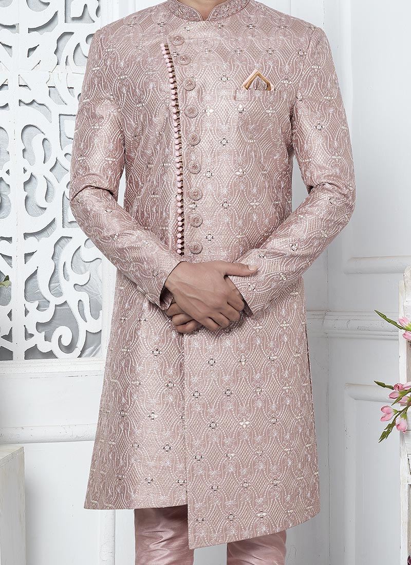 Buy Onion Pink Embroidered Silk Classic Sherwani Party Wear Online at ...
